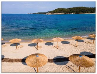 Artland ARTland Wanddeko Glasbilder Wandbild Glas Bild einteilig 60x45 cm Querformat Landschaften Meer Strand Sonnenschirm Sommer Urlaub Griechenland U4TW