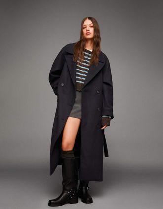 Bershka Manteau oversize en laine m&eacute;lang&eacute;e avec ceinture - Bleu-Bleu marine