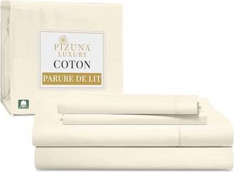 Pizuna Coton Luxueux Parure de Lit 180x200 cm Nouveau Ivoire, Tissu de Satin de Coton &agrave; 800 Fils au Pouce carr&eacute; Comprend 1 Drap Housse, 1 Drap Plat, 2 Taie d