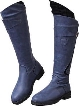 ORANDESIGNE Botte Hautes Femme Cuir PU Bottes Elegant Bout Rond Boots Automne et Hiver Talon Bas Boots Confortable Chaussures A Bleu 35 EU