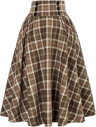 Onsoyours Jupes Femme Élégant Taille Élastique Trompette A-Ligne Midi Jupe Plissée Carreaux Skirt B Jaune L