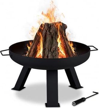 Relaxdays Feuerschale Durchmesser 60 cm, inkl. Sch&uuml;rhaken, Garten & Terrasse Feuerstelle, rund, Feuerkorb Stahl, schwarz, 35 x 73 x 60 cm
