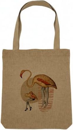 Fabulous Sac Shopping Tote Bag Aspect Lin - Flamand Rose Femme Collage Art Surr&eacute;alisme - Sac de Courses Toile Epaisse 360g Beige Naturel Cabas Port&eacute; Epaule Sol