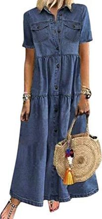 Onsoyours Robe Été Femme De Plage Rétro Denim Robes Col V Casual Tuniques Ample Chemise Longue Chemisier en Jean Mini/Maxi Robe A BleuFoncé L