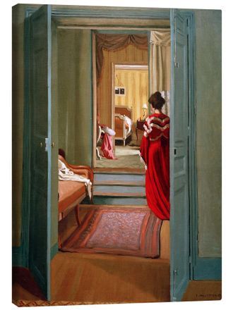 Posterlounge Interieur mit Frau in Rot Leinwandbild von F&eacute;lix &Eacute;douard Vallotton 60 x 80 cm Rot Wandbilder Wanddeko