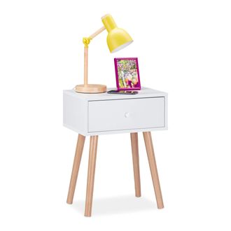 Relaxdays Nachttisch skandinavisch, Retro, Nachtschrank mit Schublade, HBT: 55x42x30cm, Beistelltisch Schlafzimmer, wei&szlig;