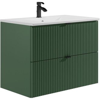 Vente-Unique Meuble de salle de bain suspendu stri&eacute; avec vasque &agrave; encastrer - Vert mat - 80 cm - zevini