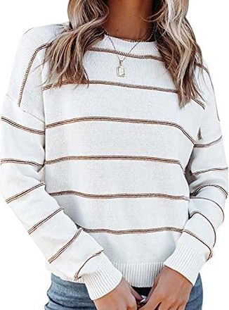 Generic 2026 Vestes pour femmes &agrave; rayures pull mode veste femme ronde &agrave; manches longues chemise haut loisirs chemisier, blanc, L