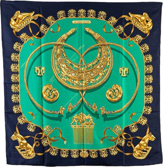 Herm&egrave;s Black and Green Les Cavaliers Dor Rybal Silk Scarf