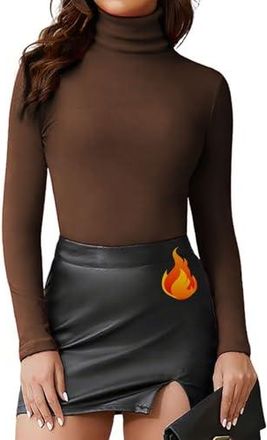 Joyshaper T-shirt &agrave; manches longues pour femme - Col roul&eacute; - Manches longues - Col montant - Haut basique - Sous-v&ecirc;tement, Marron/micropolaire, M