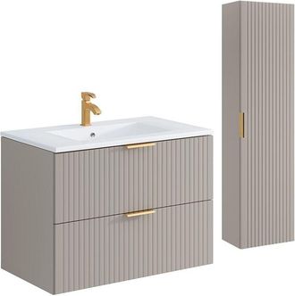 Vente-Unique Meuble de salle de bain suspendu stri&eacute; avec vasque &agrave; encastrer et colonne - Coloris beige - 80 cm - ZEVARA