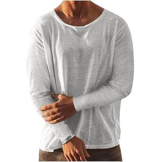 Generic Chemise en lin pour homme - Chemise en lin blanc - Coupe ajust&eacute;e - Grande taille - Chemises habill&eacute;es &agrave; manches longues - Col rond blanc - Lot de vest