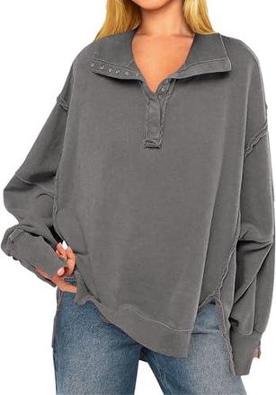 Generic Chandail surdimensionn&eacute; &agrave; manches bouffantes pour femme avec fente lat&eacute;rale et col ras-du-cou, tunique tendance pour printemps et automne, gris, XL