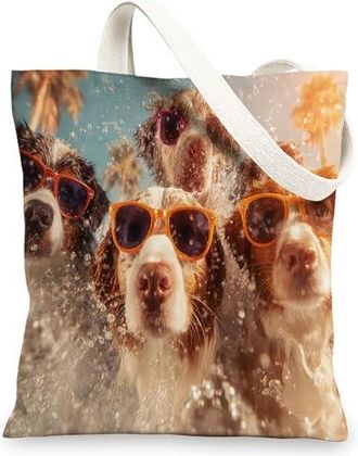 Generic Sac fourre-tout en toile pour chien, motif animal amusant, sacs à provisions réutilisables, plage ludique, léger, lavable, bandoulière en toile B, mul