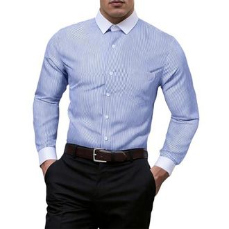 Generic Chemises daffaires pour homme &agrave; manches longues ray&eacute;es et col roul&eacute; - Coupe r&eacute;guli&egrave;re - Chemise classique pour homme - Chemise extensible pour le trav