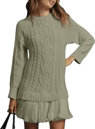 Generic Robe pull en laine tricot&eacute;e torsad&eacute;e pour femme - Mini mousseline de soie - Ourlet &agrave; volants - Manches longues - Col rond - Pour lhiver - Chaud - Pour