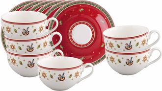 Villeroy & Boch Toys Delight Tee-/Kaffeetassen mit Untertassen 6er Set, 70 ml, Weihnachtliches Kaffeegeschirr, Premium Porzellan, Rund, Rot