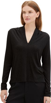 Tom Tailor Damen Basic Langarmshirt mit Glitzer, deep black, XS