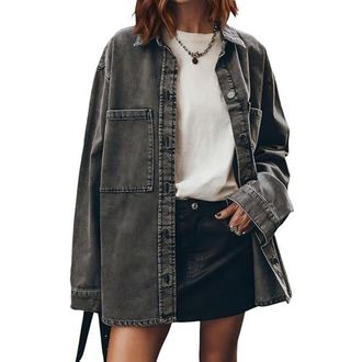 Generic Veste en jean boutonn&eacute;e pour femme, veste en jean d&eacute;contract&eacute;e, manteau tendance &agrave; manches longues, gris fonc&eacute;, taille S