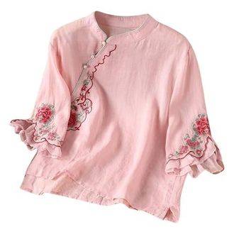 Generic T-shirt pour femme avec manches trois-quarts et boutonni&egrave;re en lin et boucle de disque brod&eacute;e style r&eacute;tro, Rose, XXL
