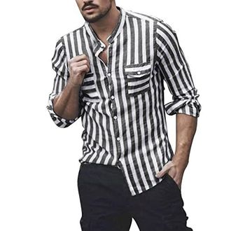 Generic Chemise de plage en lin pour homme - Chemise ray&eacute;e fine en lin - Polo pour homme - Coupe ajust&eacute;e - Manches longues - Col en V - T-shirt graphique pour