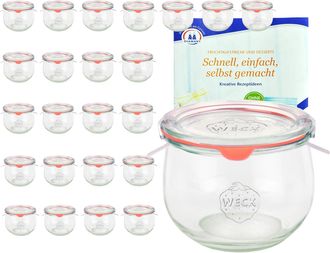 MamboCat 24er Set Weck Gläser 580ml Tulpengläser, 1/2L Sturzgläser mit 24 Glasdeckeln, 24 Einkochringen und 48 Klammern inkl. Gelierzauber Rezeptheft von Diama