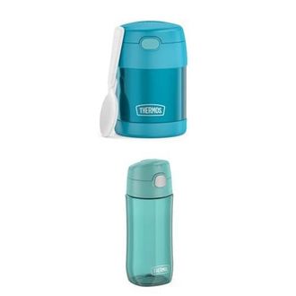 Thermos kids FUNTAINER FOOD JAR 0,30l, ocean teal, Thermobehälter für Essen mit Löffel, 5 h heiß / 7 h kalt + THERMOS kids FUNTAINER TRITAN BOTTLE, ocean teal