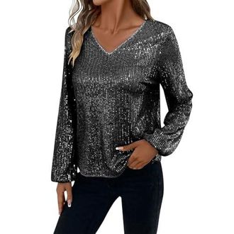 Generic Haut &agrave; paillettes pour femme - Tunique brillante &agrave; manches longues et col en V - T-shirt pour f&ecirc;te, bo&icirc;te de nuit - T-shirt ample d&eacute;contract&eacute; pour fem