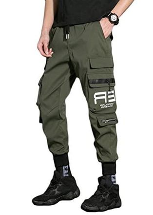 ORANDESIGNE Homme Pantalon de Jogging Hip Hop Sport Multi-Poches Streetwear Pantalon Cargo Joggers J Arm&eacute;e Verte S