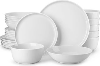 Malacasa Geschirrset 6 Personen, 24-teilig Porzellan Tellerset in Weiß, Tafelservice mit 6 Speiseteller, 6 Dessertteller, 6 Müslischalen und 6 Suppentellern, S