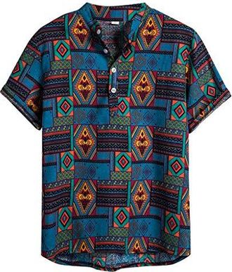 Generic Chemise en coton et lin pour homme - Chemisier dentra&icirc;nement ethnique imprim&eacute; ethnique - Manches courtes - Chemisier d&eacute;contract&eacute; pour homme - Tunique 