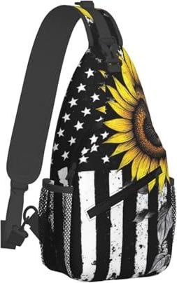 Generic Antivol Sacoche Homme Bandouliere Drapeau am&eacute;ricain &agrave; fine ligne noire et art du tournesol Sacs &agrave; Bandouli&egrave;re Polyester Sac DEpaule pour Randonn&eacute;e Cyc