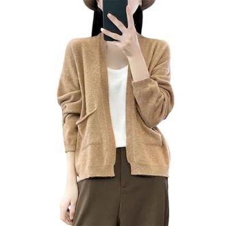Generic Cardigan tricot&eacute; en laine fine m&eacute;lang&eacute;e &agrave; col en V sans boucle pour femme, Camel dor&eacute;, XS