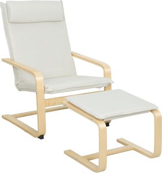 HOMCOM Sessel mit Fu&szlig;st&uuml;tze Lesesessel mit hohen R&uuml;cken abnehmbare Kopfst&uuml;tze Holzbeine und Leinen Polsterung Sessel f&uuml;r Wohnzimmer Schlafzimmer B&uuml;ro Creme