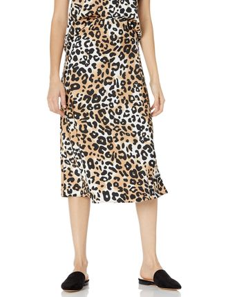 The Drop Damen Maya Rock, seidiger Slip-Skirt-Stil, Elfenbein/Praline Leopard, XXS