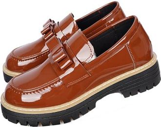 Generic Mocassins antidérapants à semelle épaisse en cuir verni avec noeud pour femme, chaussures décontractées pour le travail, le bureau, marron, 35.5 EU