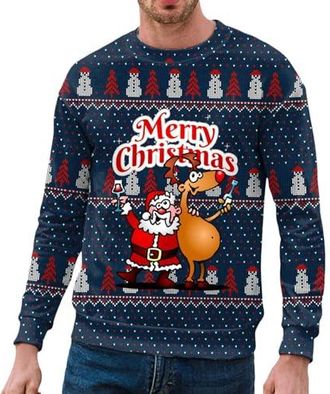 Generic Pull de Noël en coton pour homme - Pull de Noël pour homme - Pull de Noël avec impression 3D - Décontracté - Amusant - Pull dhiver de Noël, bleu ciel,