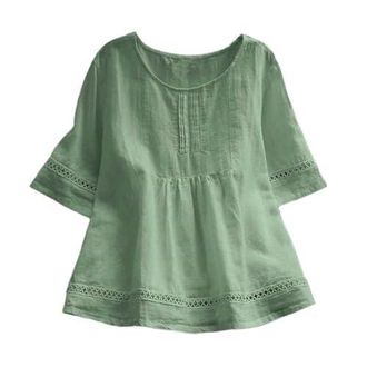 Generic Hauts en lin pour femmes, tendance, d&eacute;contract&eacute;, &eacute;l&eacute;gant, col rond, tunique, r&eacute;tro, jacquard, manches courtes, l&eacute;ger, fluide, boh&egrave;me, Vert, S