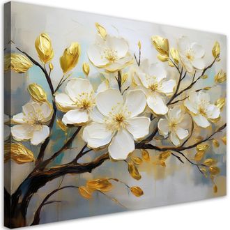 Feeby Leinwandbilder - Deko Bilder - Magnolienblüten Natur Zweig Gold - Canvas 90x60 cm 1tlg- Wandbilder Schlafzimmer - Aesthetic Room Decor - Modern Wandde