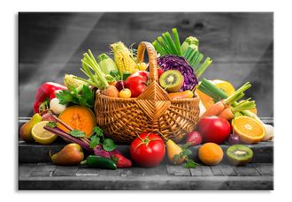Pixxprint Glasbild, Wandbild aus Echtglas, Frisches Obst und Gemüse im Korb, 100x70 cm, inkl. Aufhängung und Abstandshalter