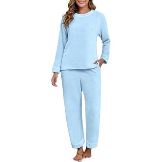 Generic Ensemble de pyjama en polaire pour femme, ensemble de pyjama chaud doux et moelleux, col rond, manches longues et pantalon thermique, vêtements de nui