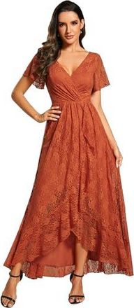 Ever-pretty Robes de Mariée Dentelle Femmes Robe Longue Mère Col V Asymétrique Manches Courtes Orange Brûlée 56