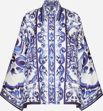 Dolce & Gabbana Bluse Aus Twill Majolika-print Mit Schlitzen - Frau Blusen Und Tops Blau Seide 42