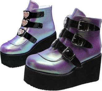 Yardwe Bottines &agrave; Talons &Eacute;pais pour Femme Bottes Toutes Saisons en PU Violet Bottines Courtes &agrave; Bout Rond Taille 41 Semelle Antid&eacute;rapante en Caoutchouc Confo