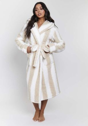 Loungeable Peignoir mi-long en sherpa &agrave; rayures et &agrave; capuche - Vison-Brown