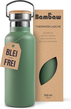 Bambaw Thermosflasche 0,5l, Trinkflasche Gr&uuml;n, Edelstahl Wasserflasche, Fahrrad Trinkflasche Edelstahl, Isolierte Trinkflasche 500ml - Salbeigr&uuml;n