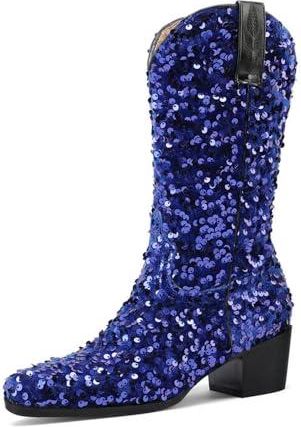Generic Bottes de cowgirl occidentales à paillettes scintillantes à bout pointu et gros talons mi-mollet à enfiler pour fête de mariage, bleu, 39.5 EU