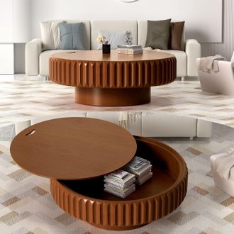 Generic Runder, geriffelter Couchtisch mit Stauraum f&uuml;r das Wohnzimmer, moderner, trommelf&ouml;rmiger Akzent-Teetisch mit Furnier, handgefertigtem Relief und stab