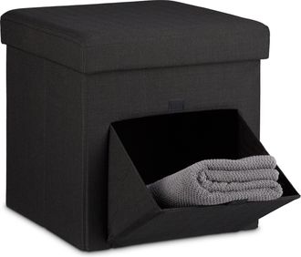 Relaxdays Faltbarer Sitzhocker, Leinen, Sitzwürfel, Aufbewahrungsbox mit Klappe, abnehmbarer Deckel, Sitzcube, stabil, Fußablage, HxBxT 38 x 38 x 38 cm, schwarz