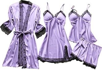 Minetom Ensembles de Pyjama 4 Pièces Femme Satin Peignoir Vêtements de Nuit Dentelle Col V Débardeur et Shorts Robe et Kimono A Violet L